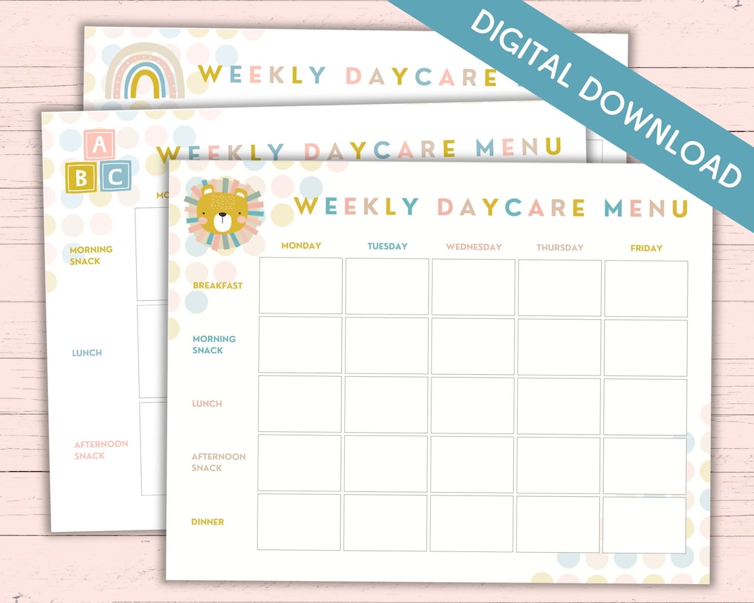 Printable Weekly & Monthly Daycare Menu Blank Fillable PDF Editable ...