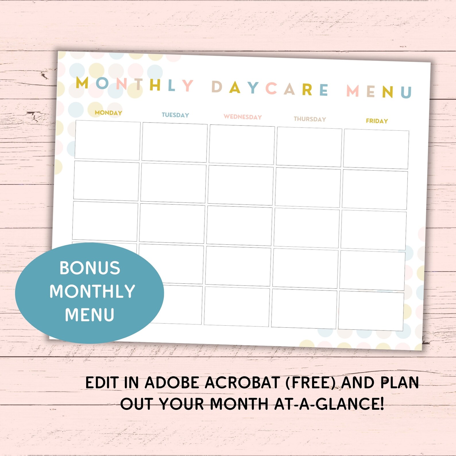 Printable Weekly & Monthly Daycare Menu - Blank Fillable PDF - Editable ...
