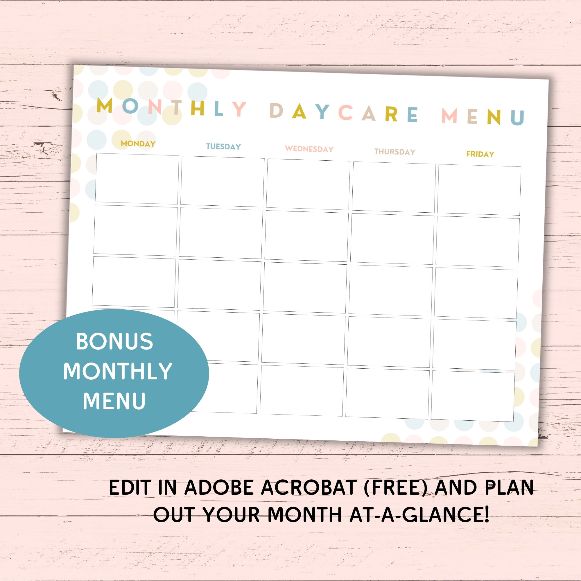Printable Weekly & Monthly Daycare Menu - Blank Fillable PDF - Editable ...