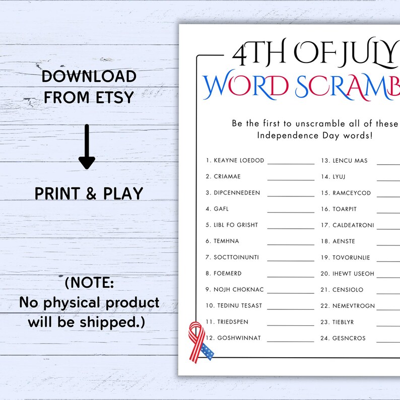 4th of July Word Scramble - Printable Independence Day Activity - Party ...