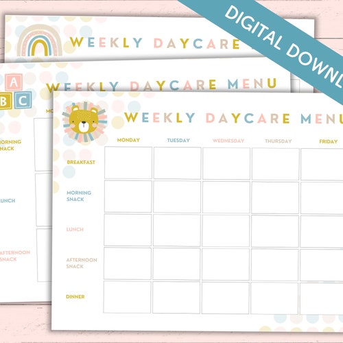 Printable Weekly & Monthly Daycare Menu Blank Fillable PDF - Etsy