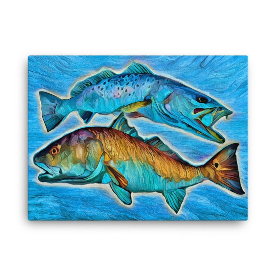 REDFISH Speckled Spotted SEATROUT Fine Art Canvas Giclee Print Florida ...