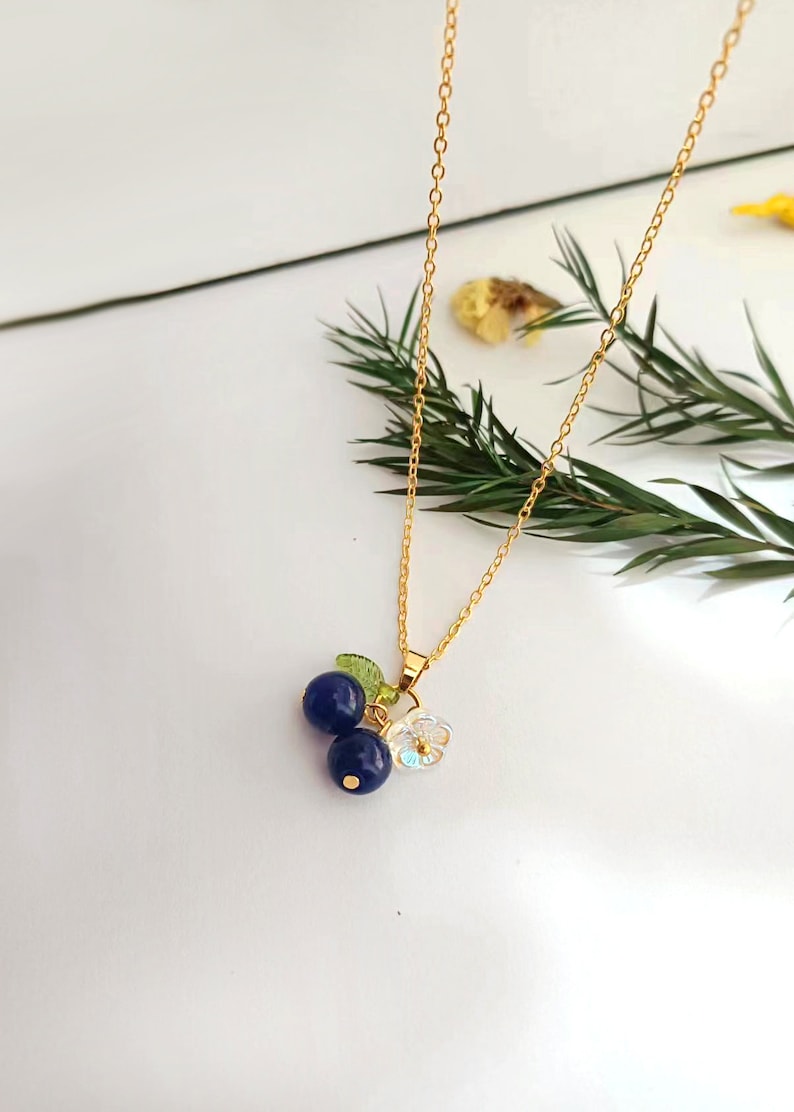 Blueberry Necklace: Glass Berry Beads, Floral Charm Clavicle Chain - Etsy