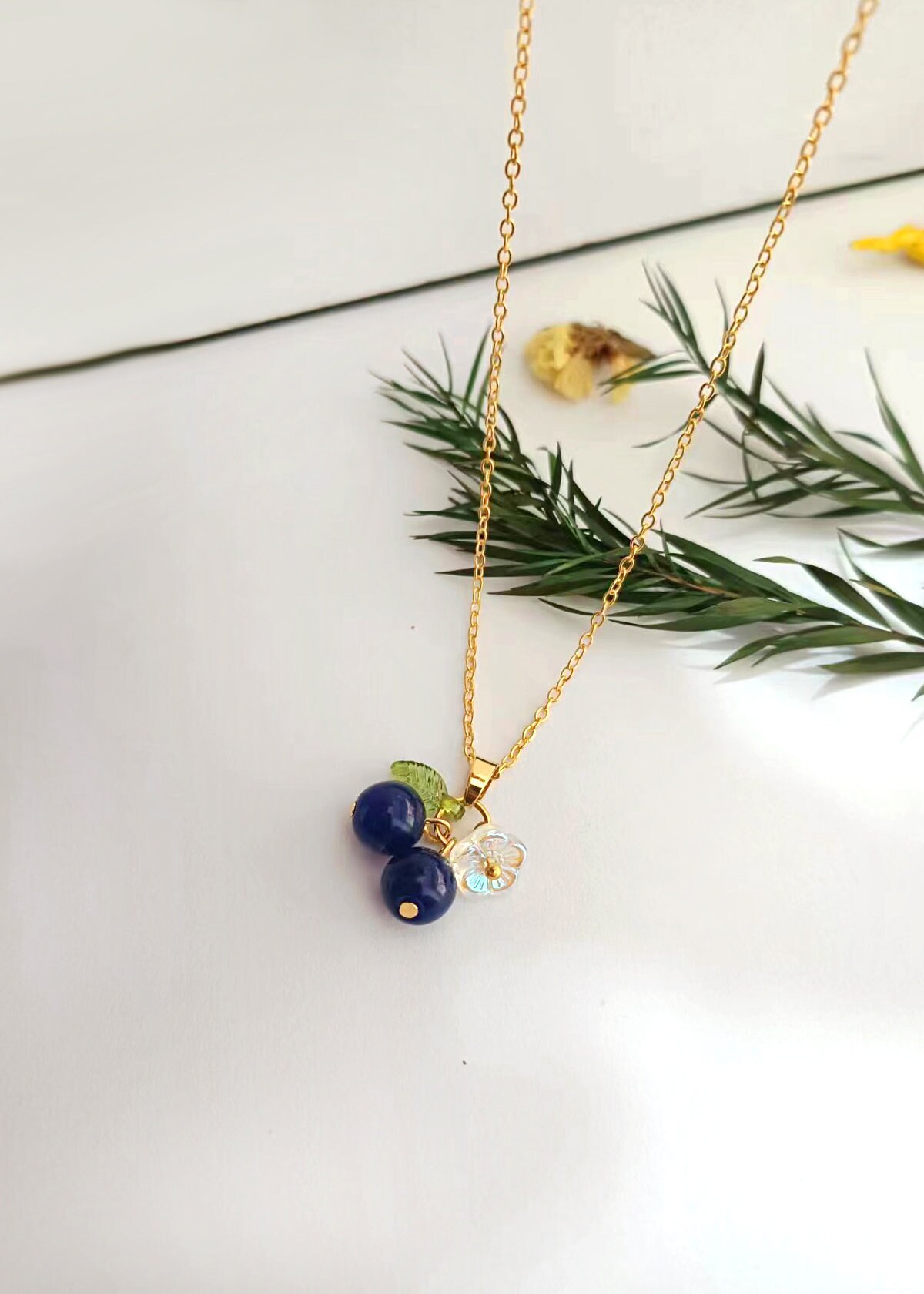 Blueberry Necklace, Glass Blue Berry Beads With Flower Charm Clavicle ...