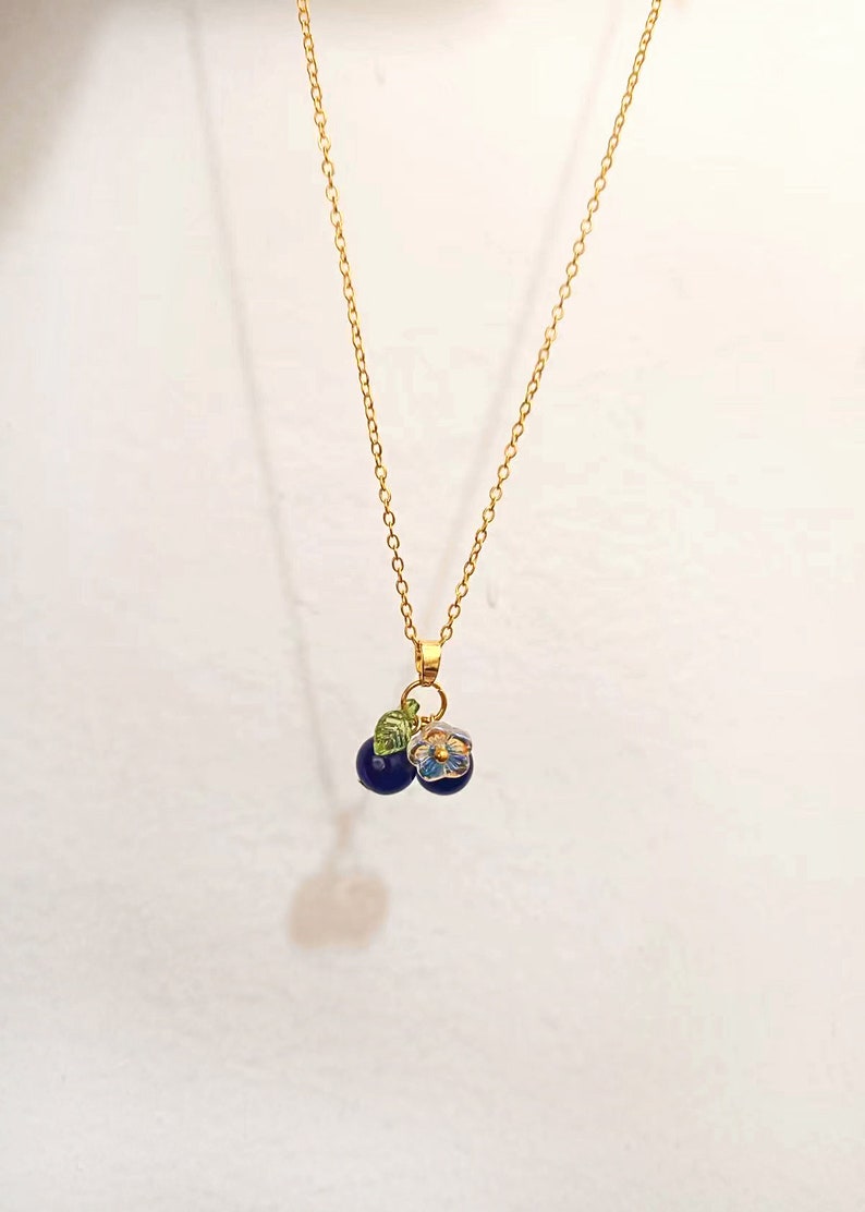 Blueberry Necklace: Glass Berry Beads, Floral Charm Clavicle Chain - Etsy