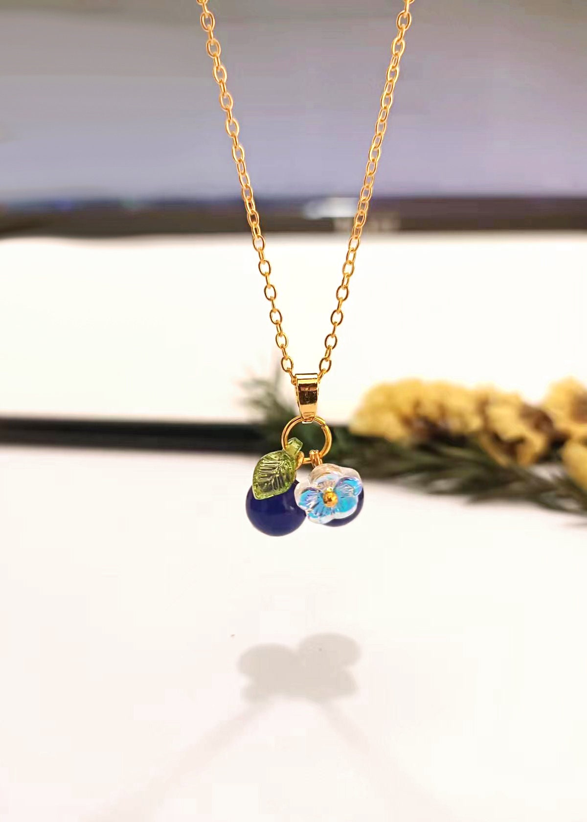 Blueberry Necklace, Glass Blue Berry Beads With Flower Charm Clavicle ...