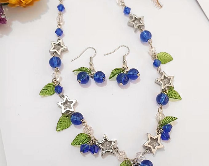 Blueberry Necklace and Earrings Set, Glass Blueberry Jewelry, Blue and ...