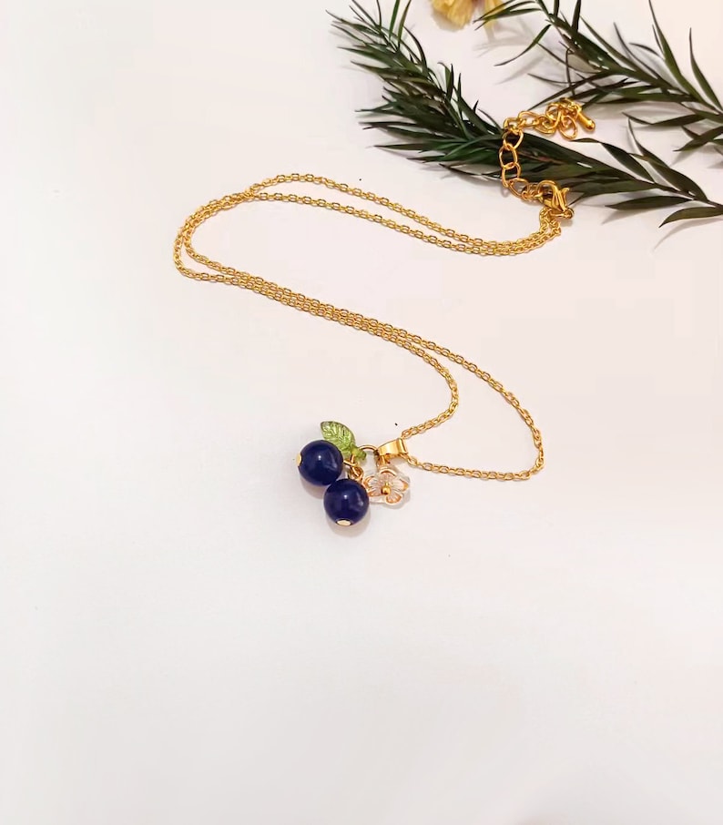 Blueberry Necklace: Glass Berry Beads, Floral Charm Clavicle Chain - Etsy