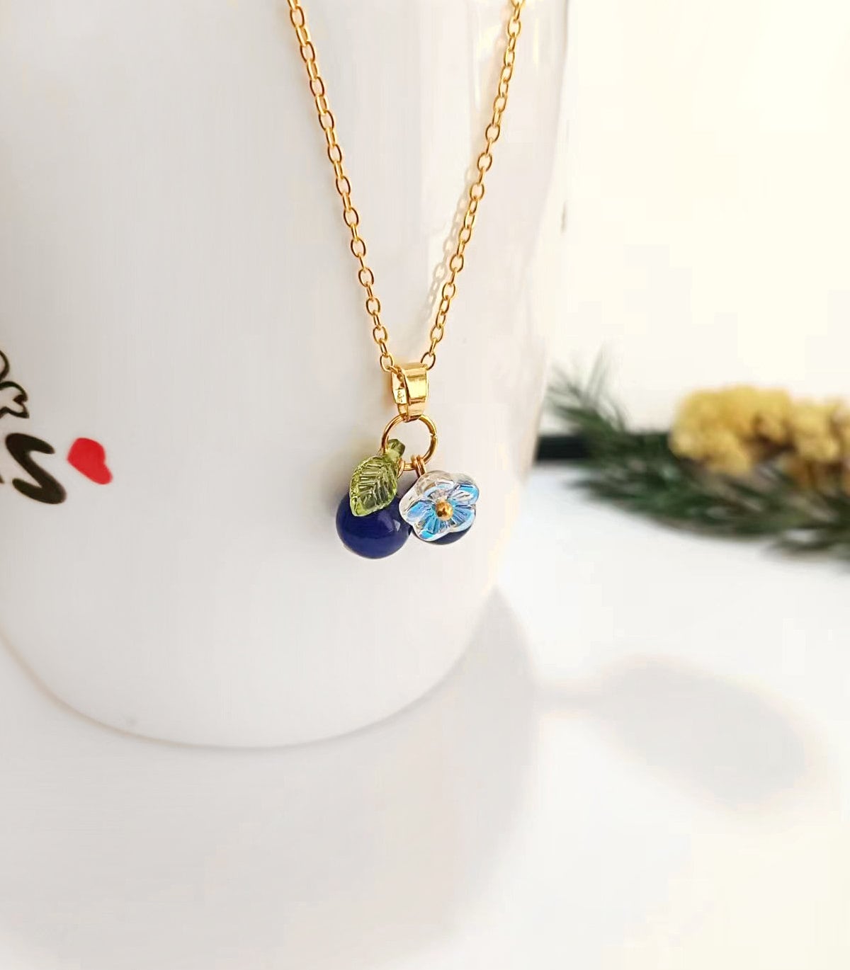 Blueberry Necklace, Glass Blue Berry Beads With Flower Charm Clavicle ...