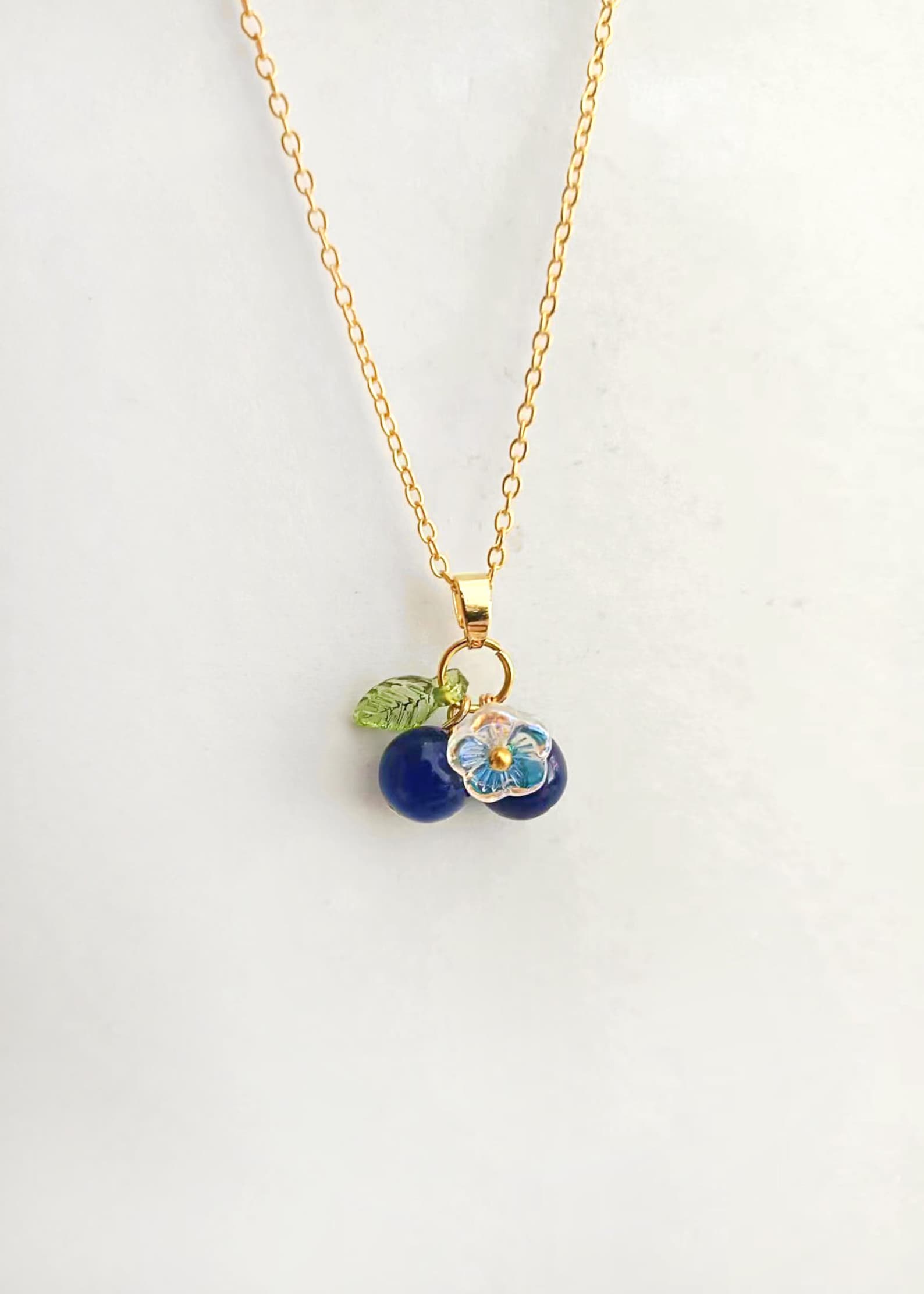 Blueberry Necklace: Glass Berry Beads, Floral Charm Clavicle Chain - Etsy