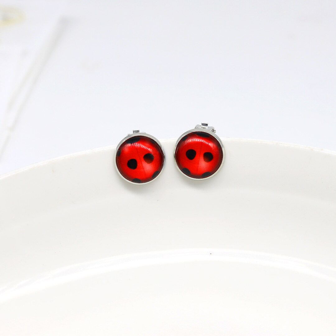 Ladybug Ear Clips: Red & Black Convex Glass Earrings - Etsy