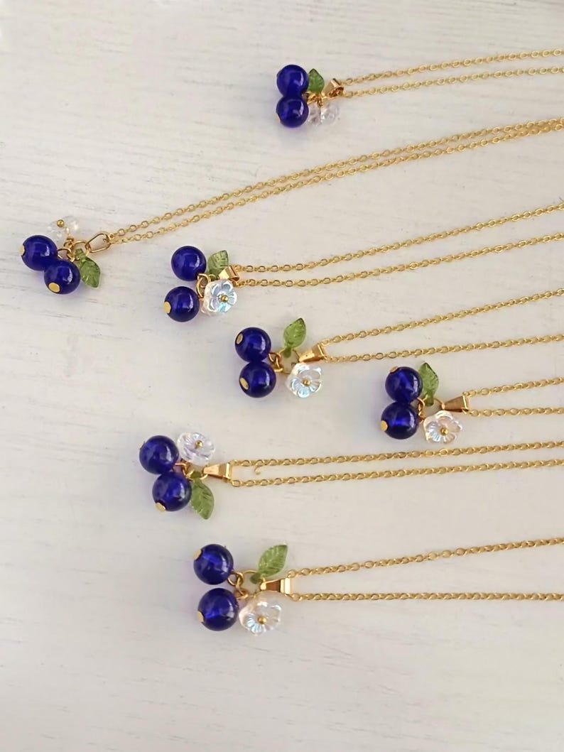 Blueberry Necklace: Glass Berry Beads, Floral Charm Clavicle Chain - Etsy