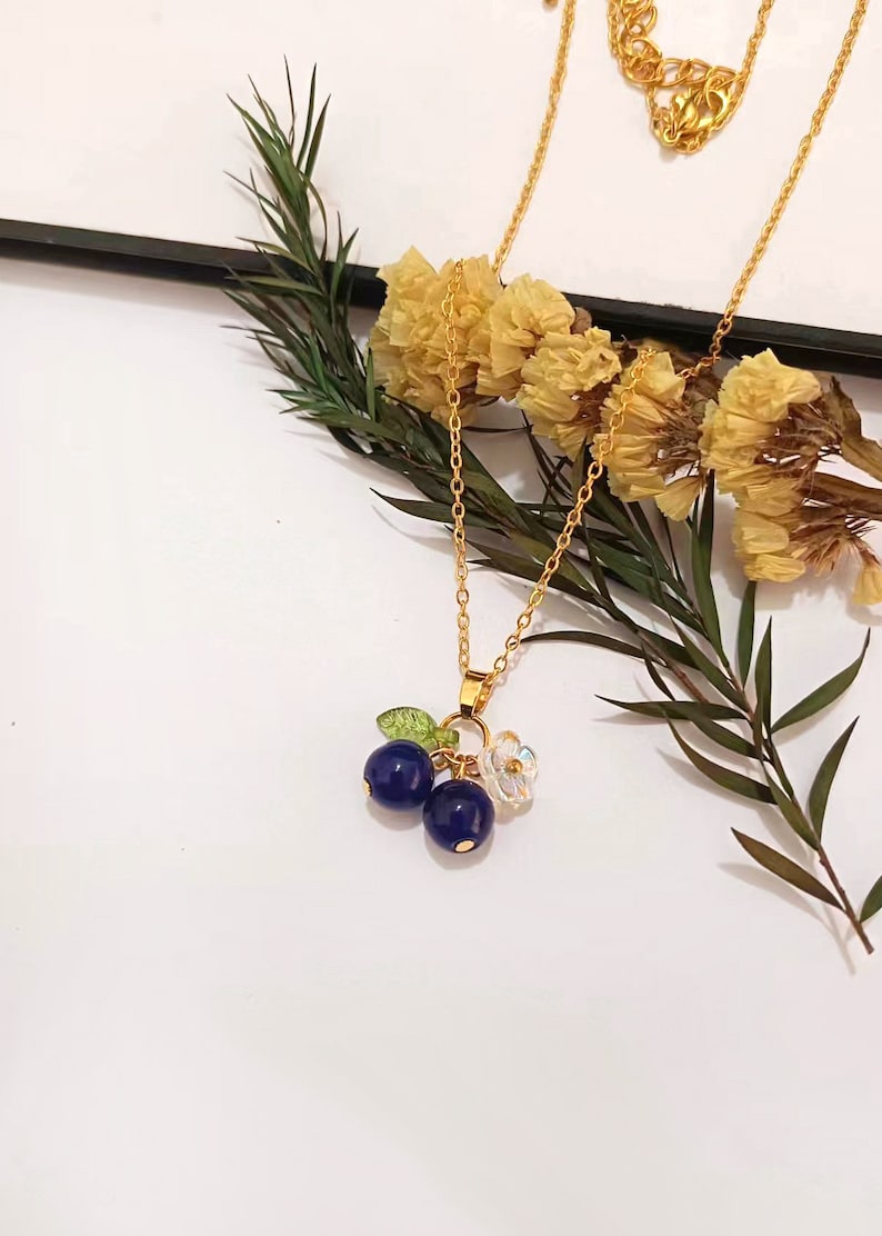 Blueberry Necklace: Glass Berry Beads, Floral Charm Clavicle Chain - Etsy