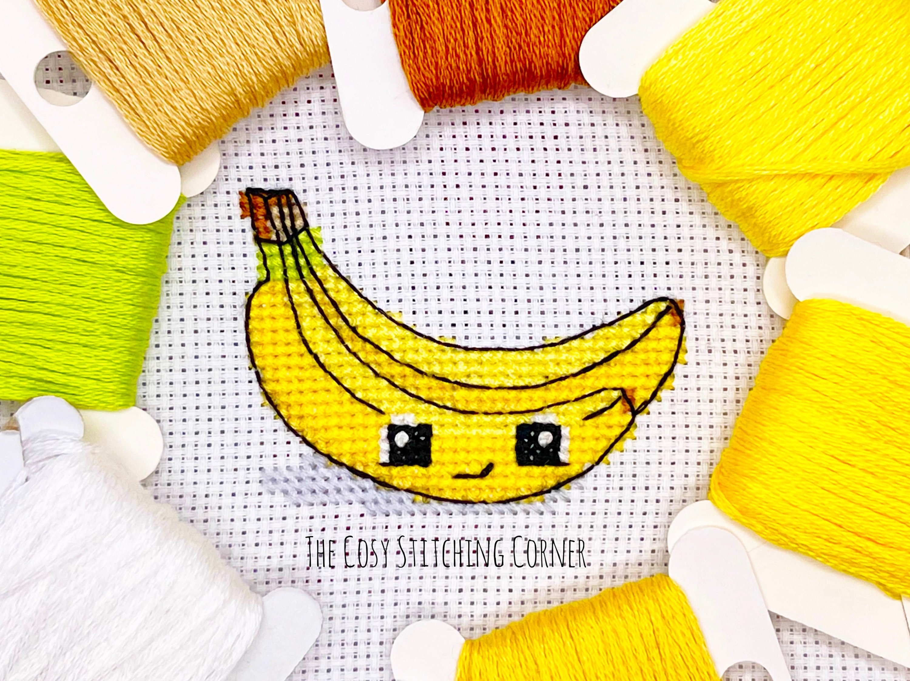 Mini Banana Cute Counted Cross Stitch Chart, Modern Kawaii Fruit Cross ...
