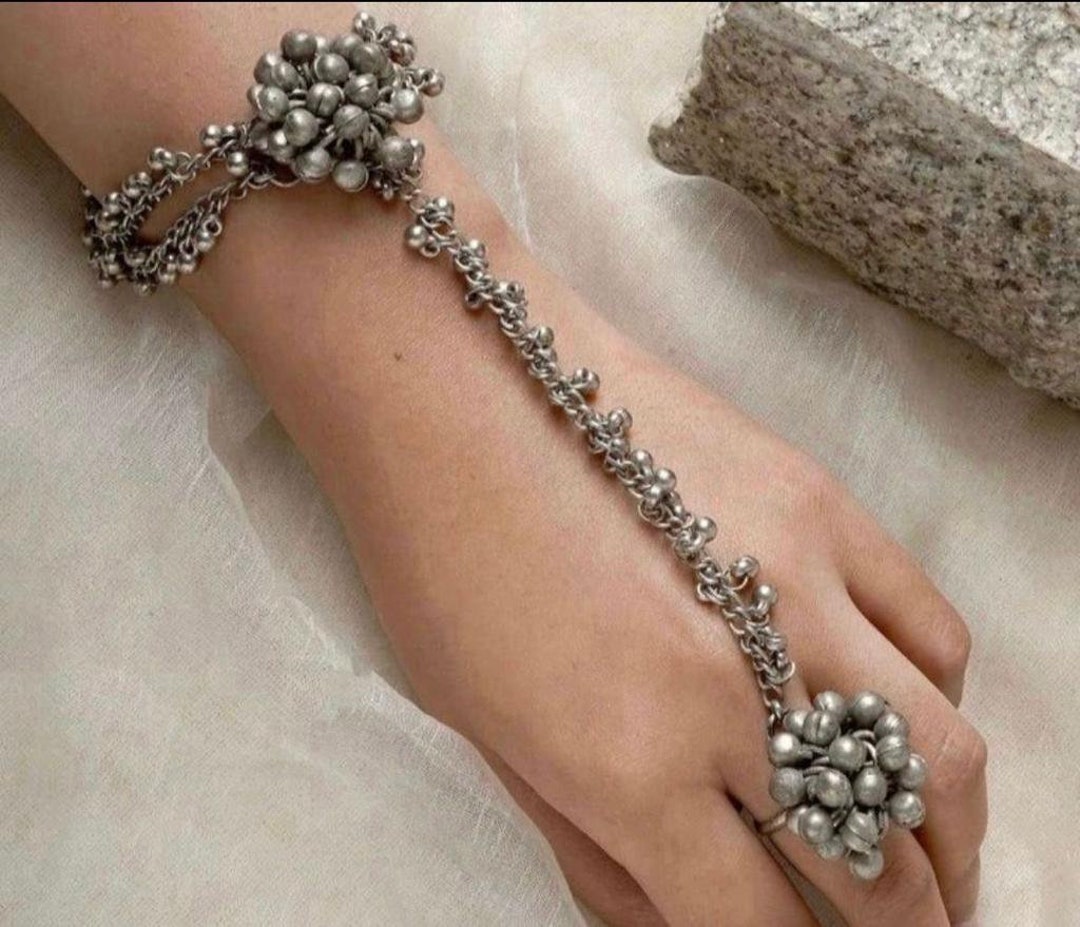 Oxidised Silver Hand Harness, German Silver Bracelet With Ring, Indian ...