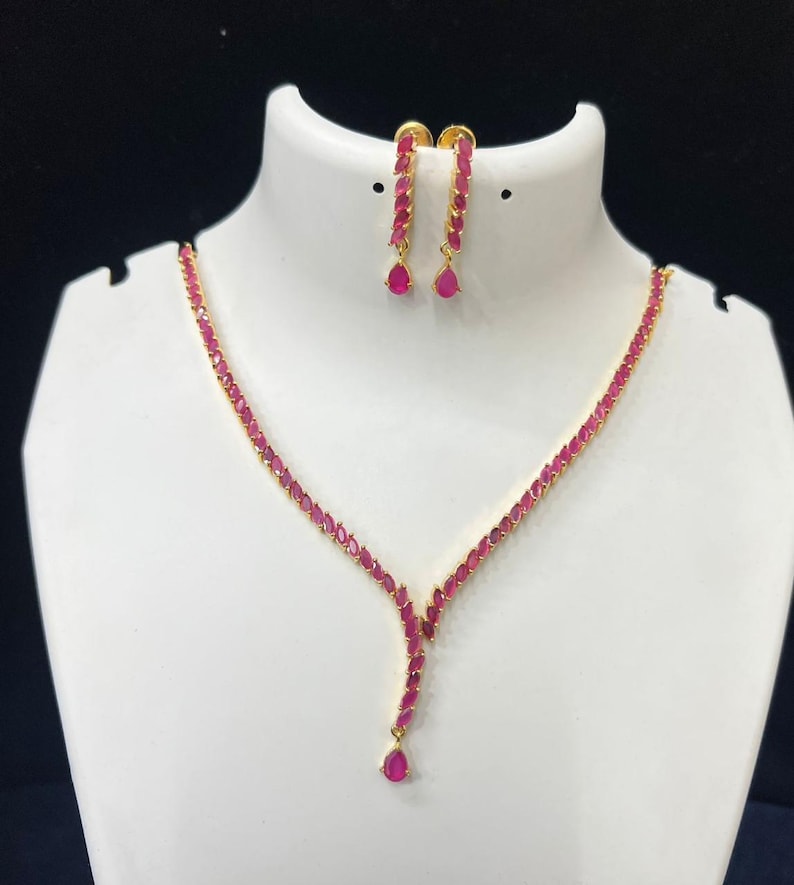 Gold Plated Marquise Cut Ruby Necklace Earring Set, Teardrop Pendant ...