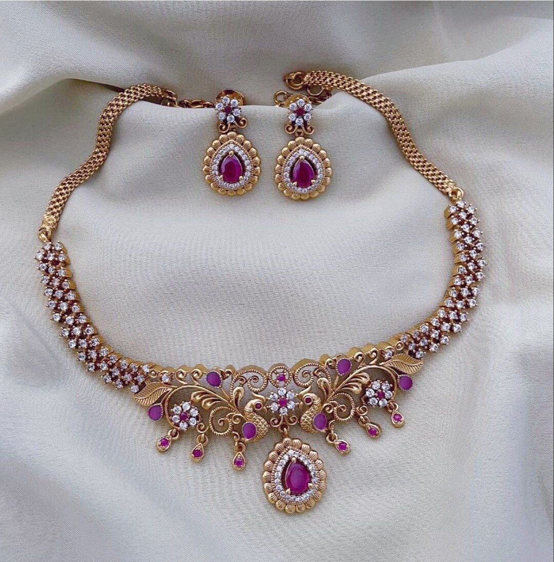Ruby CZ Diamond Gold Plated Necklace Earring Set: South Indian Temple ...