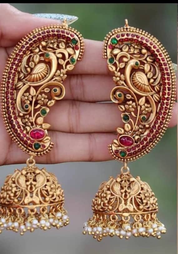 JEWELRYEMPORIUMIN Gold Temple Jhumka Set Matte Gold Jhumkas Kemp Stone Earring Replica Bird Design Bollywood Style Earring South Indian Jewelry Pearl Jhumki