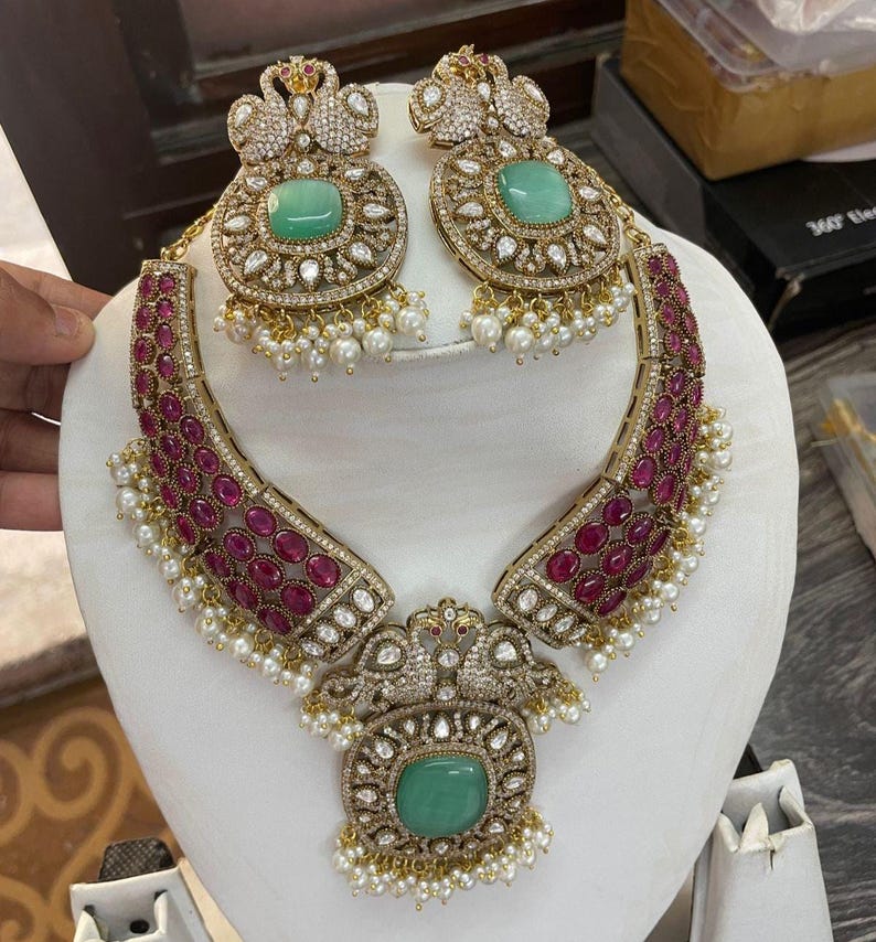 Kundan Diamond Necklace Set: Pearl Silver Foil, Gold Plated Wedding ...