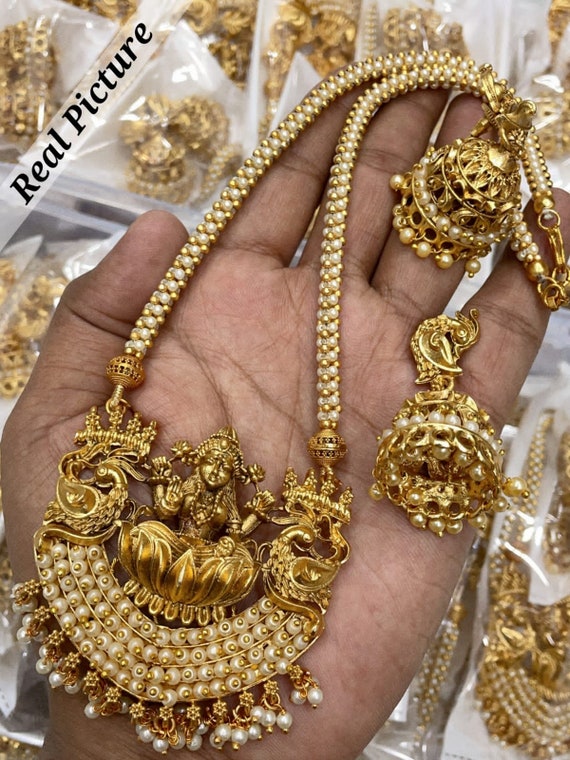 JEWELRYEMPORIUMIN Matte Gold Long Necklace South Indian Temple Jewelry White Pearl Haram Necklace Jhumka Gold Plated Jewelry Gift for Anniversary