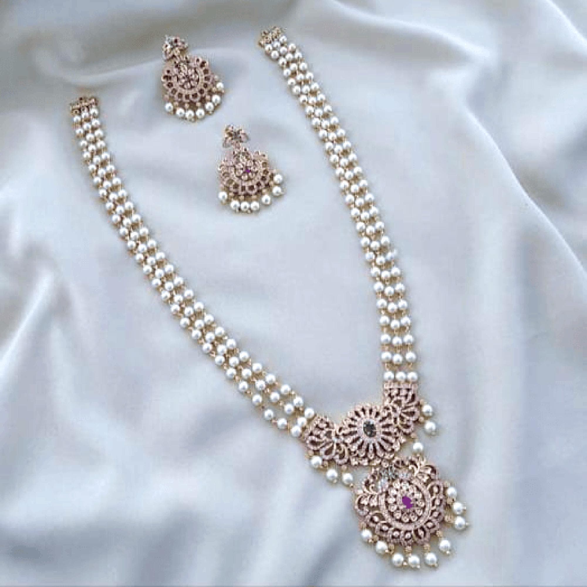 Ruby Pearl Long Necklace Set: CZ Diamond, Kemp & Kundan, South Indian ...