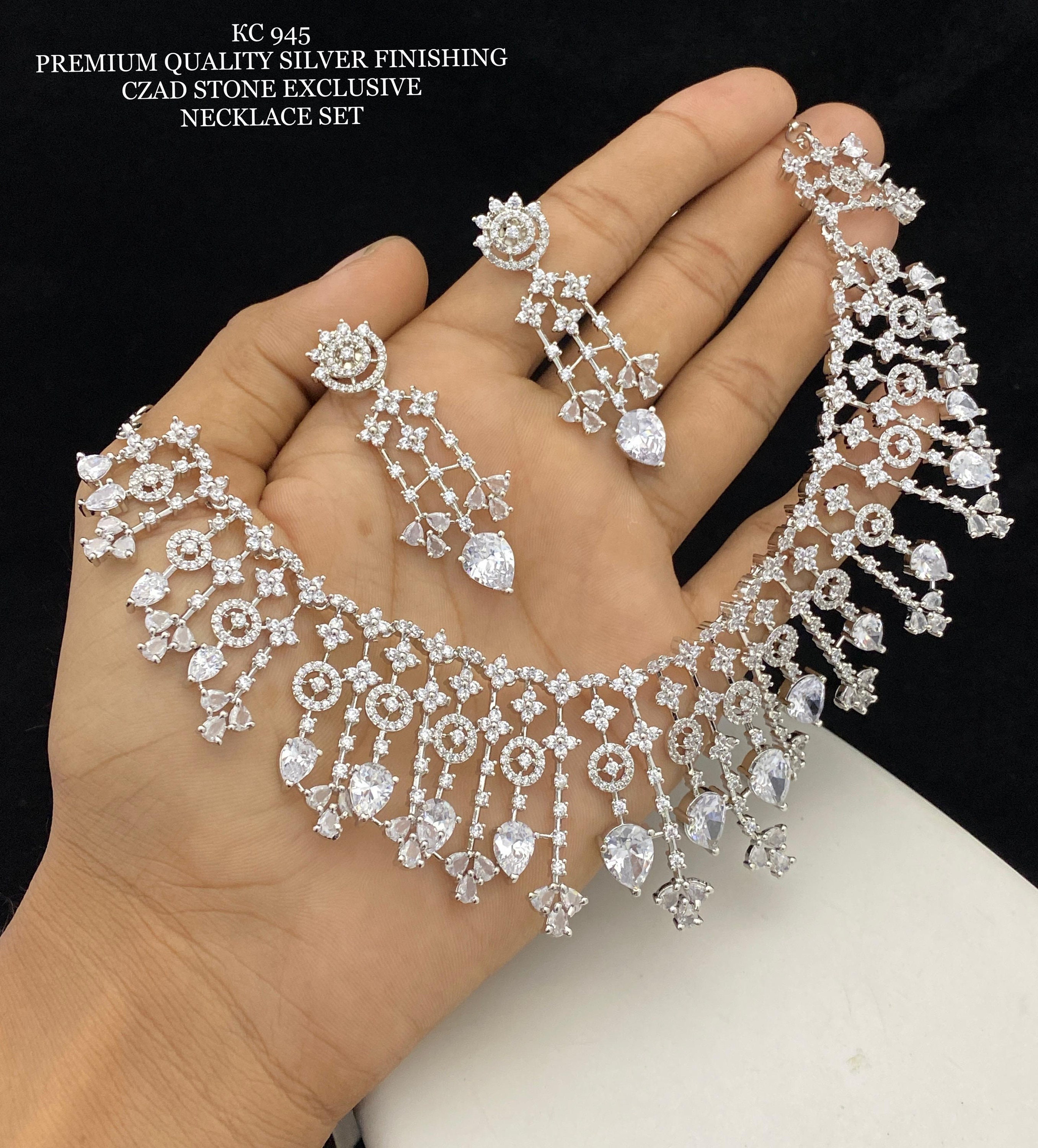 Silver Look Diamond Necklace AD Stone Jewelry Choker Set Faux Jewelry Designer Necklace Woman Jewelry Artificial Jewelry Cubic Zirconia Set Etsy