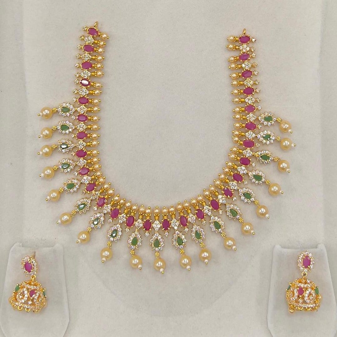 Gold Finish Ruby Pearl Necklace Set: Indian Bridal Jewelry - Etsy