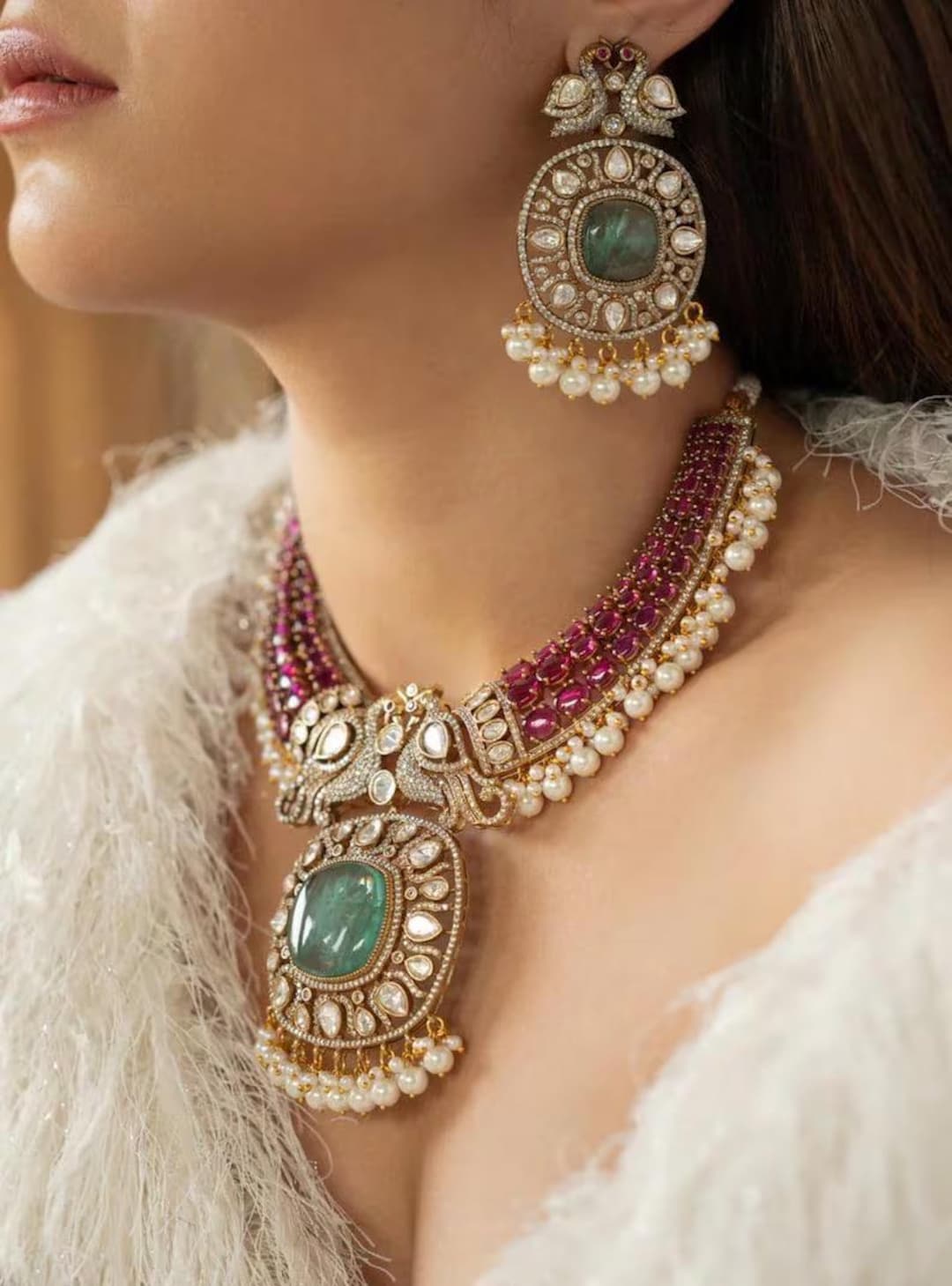 Kundan Diamond Necklace Set: Pearl Silver Foil, Gold Plated Wedding ...
