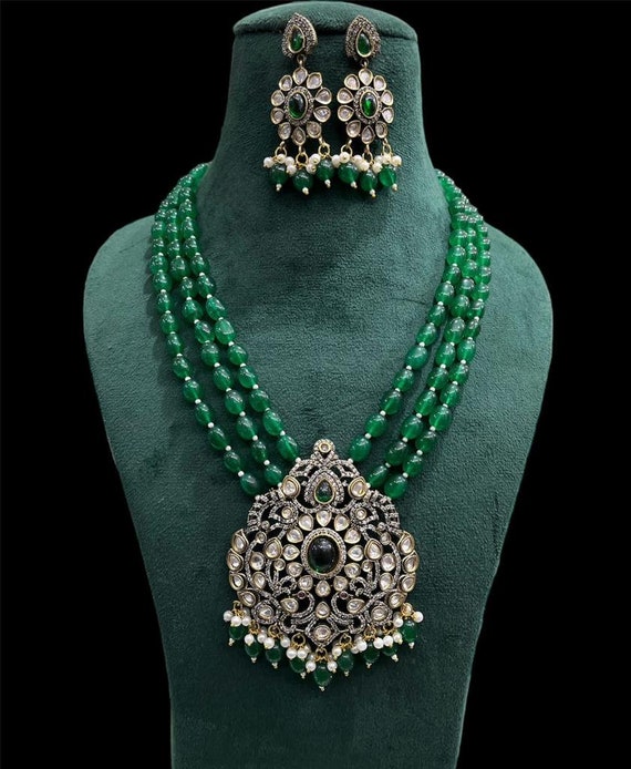 Green Beads Kundan CZ Diamond Victorian Necklace Earring Set Gold Premium Necklace Designer Jewelry Sabyasachi Inspired Wedding Collection