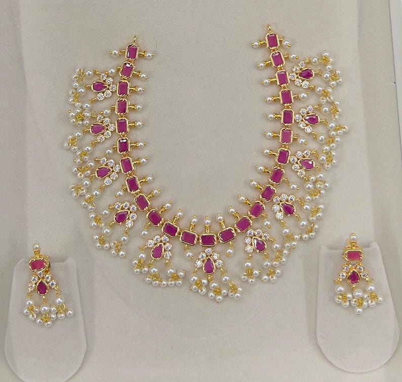Ruby Pearl Necklace Set: Gold Plated Kemp Stone, Indian Temple Jewelry ...