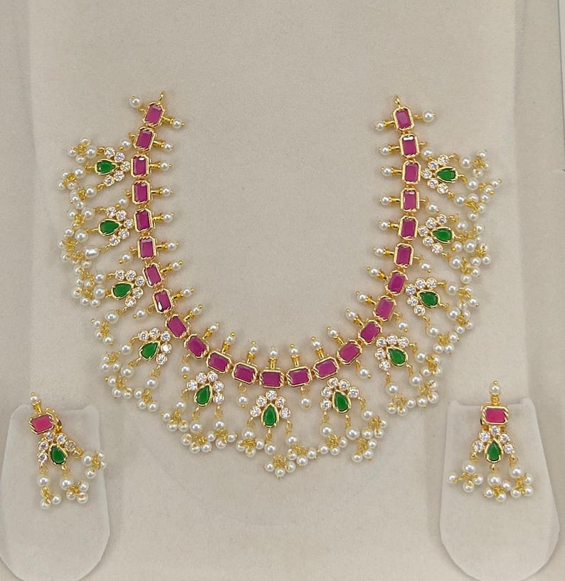 Ruby Pearl Necklace Set: Gold Plated Kemp Stone, Indian Temple Jewelry ...