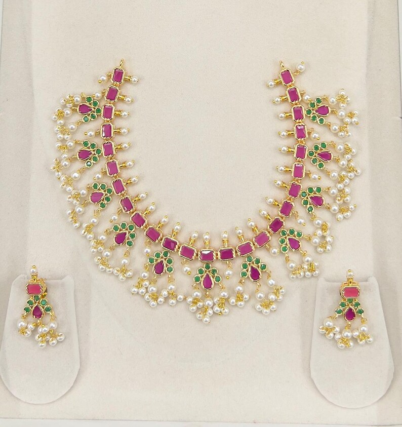 Ruby Pearl Necklace Set: Gold Plated Kemp Stone, Indian Temple Jewelry ...