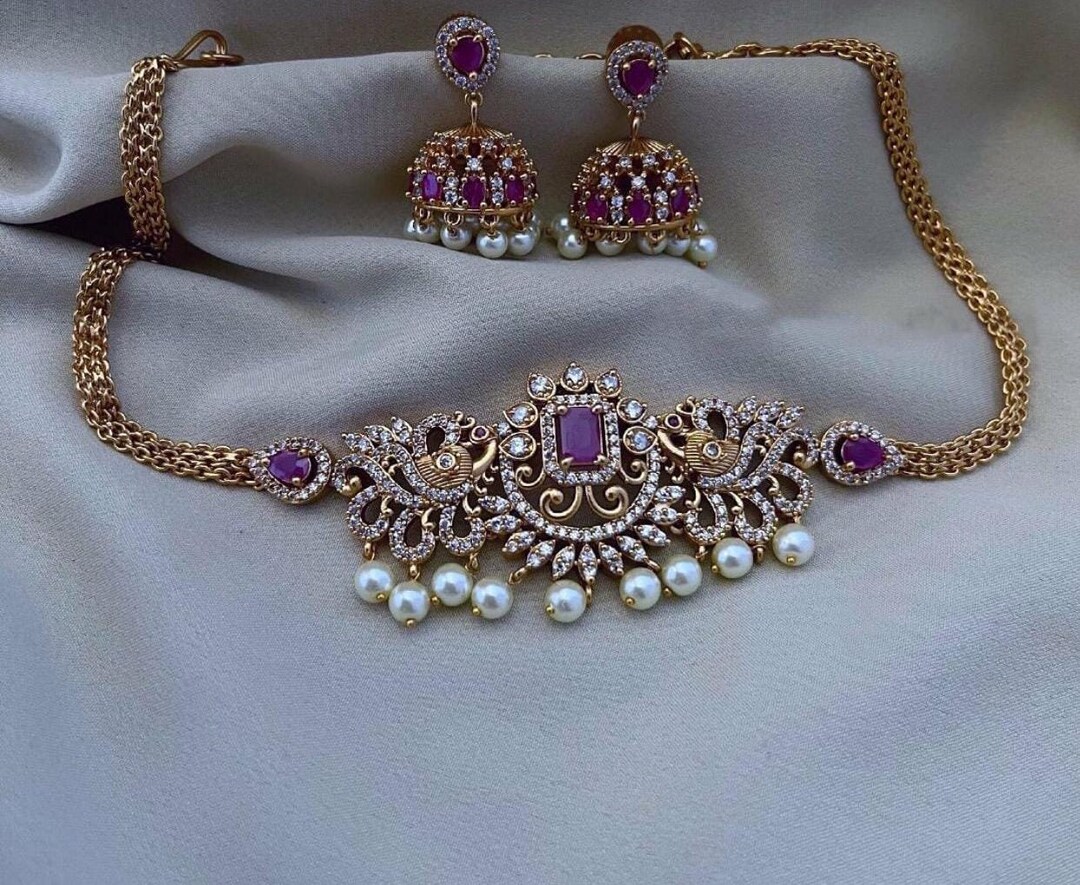 Ruby CZ Diamond Necklace Set, Indian Jewelry, Gold Plated Pearl ...