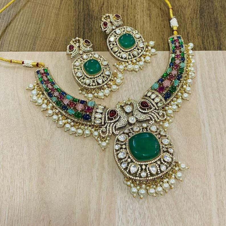 Kundan Diamond Necklace Set: Pearl Silver Foil, Gold Plated Wedding ...