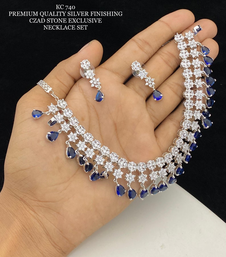 Green Diamond Star Cut Silver Look Necklace AD Stone Jewelry Choker Set Faux Diamond Jewelry ...