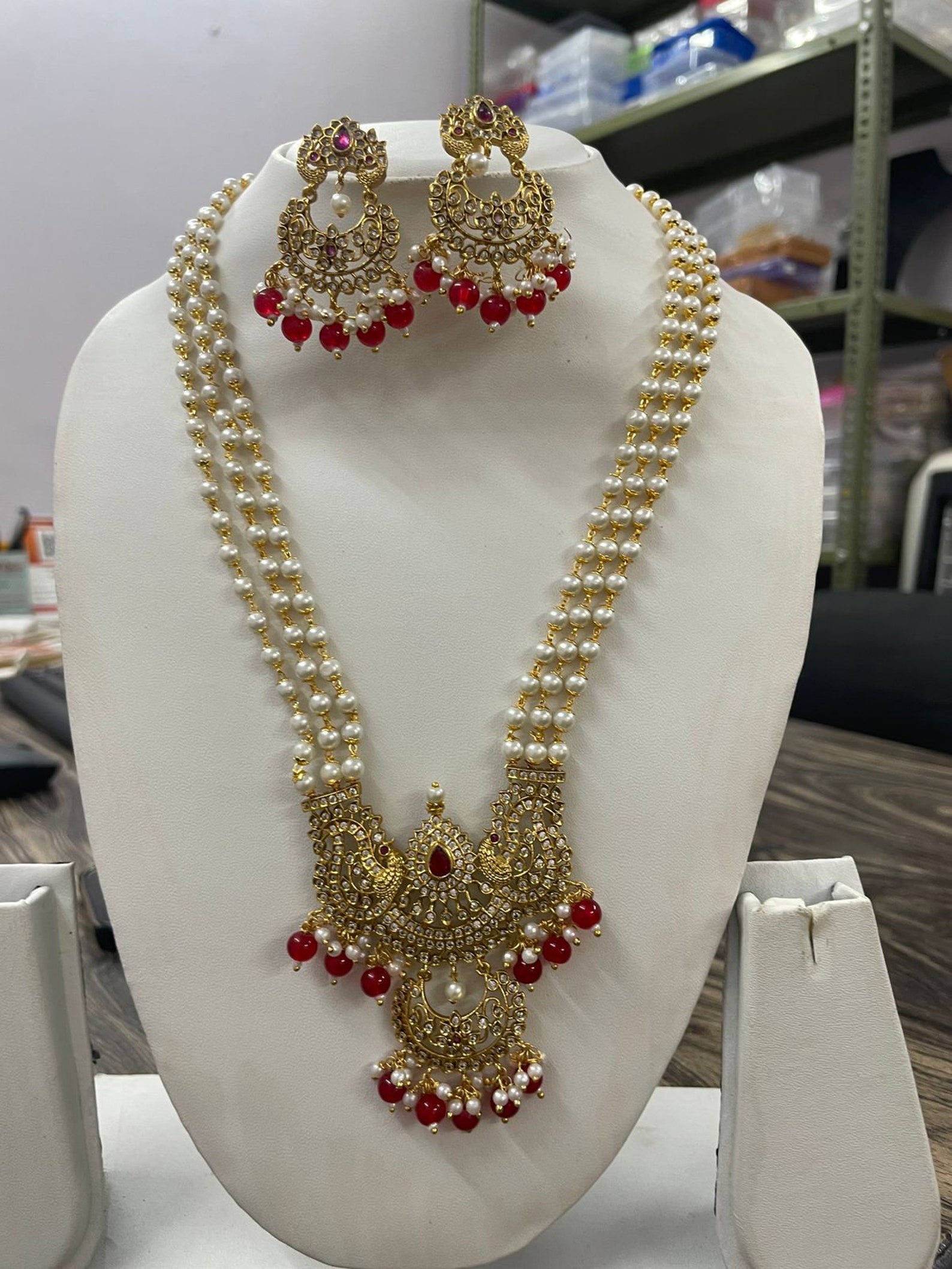 Ruby Pearl Long Necklace Set, CZ Diamond, South Indian Jewelry - Etsy