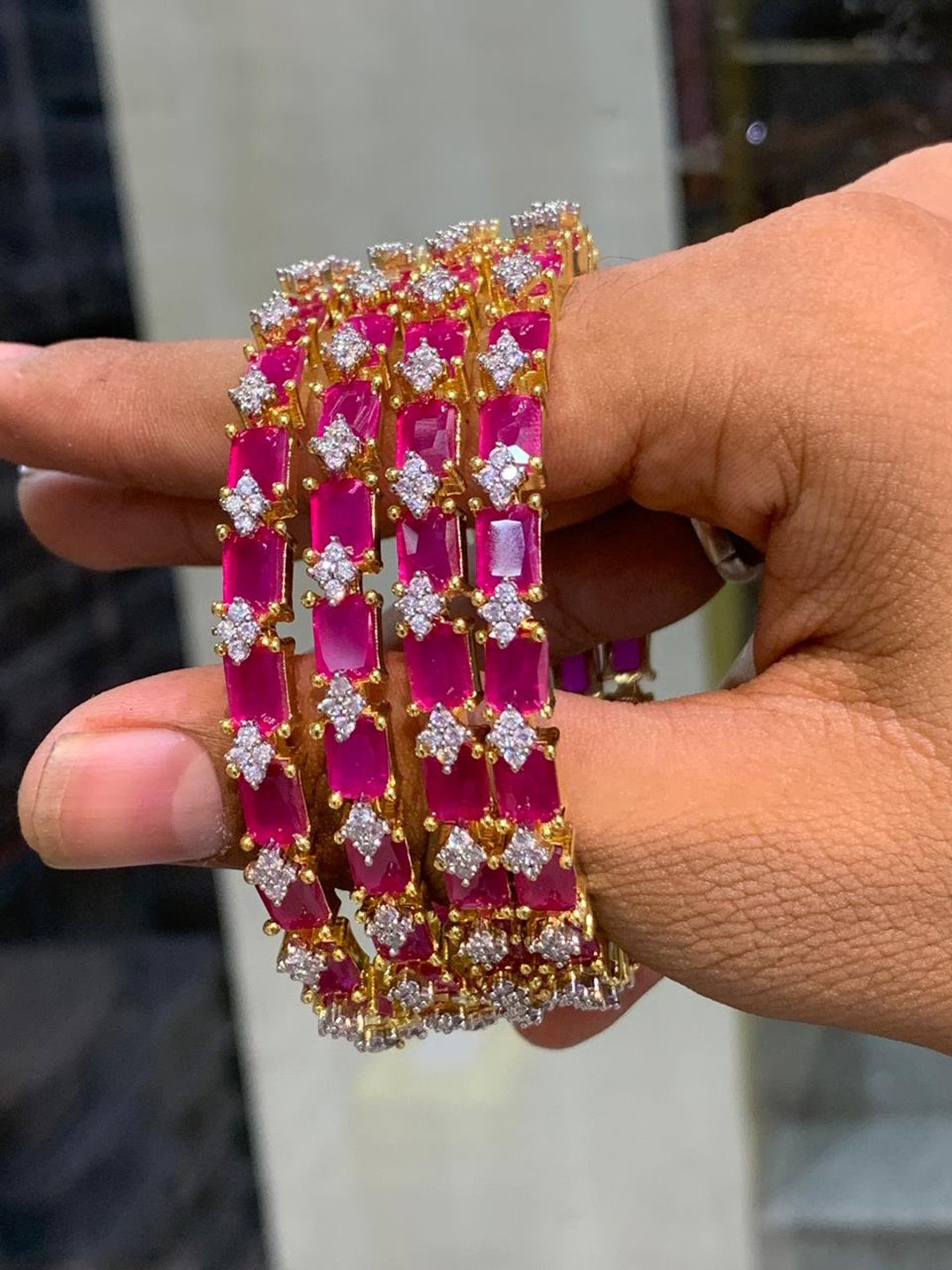 Ruby Gold Plated Bangle Set, CZ Diamond Bangle, Indian Jewelry, Star ...