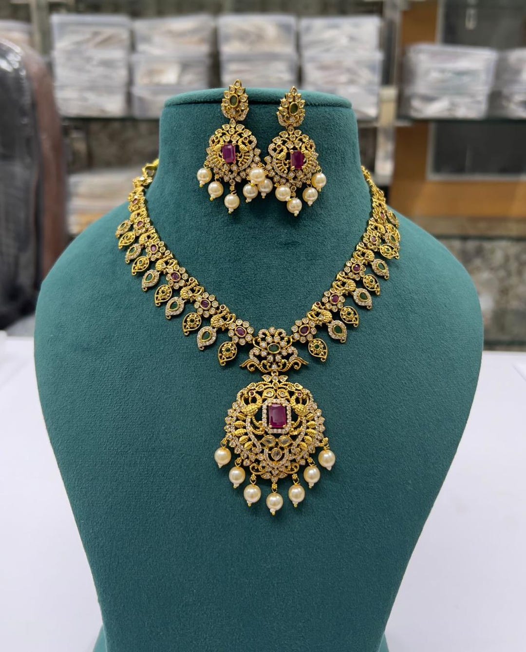 Ruby Pearl Temple Gold Necklace Set South Indian Jewelry Matte Finish ...