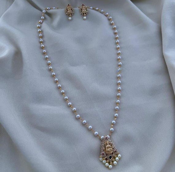 Gold Long Pearl Pendant Jewelry South Indian Temple Jewelry Beads Necklace Party Wear Jewelry Statement Jewelry Kemp Necklace Gift Ideal