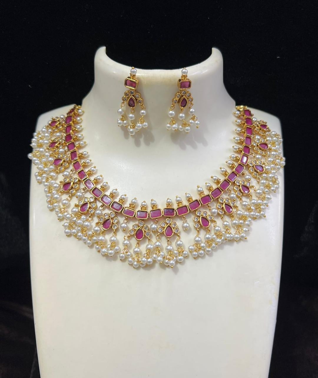 Ruby Pearl Necklace Set Gold Plated Beaded Wedding Choker South Indian ...