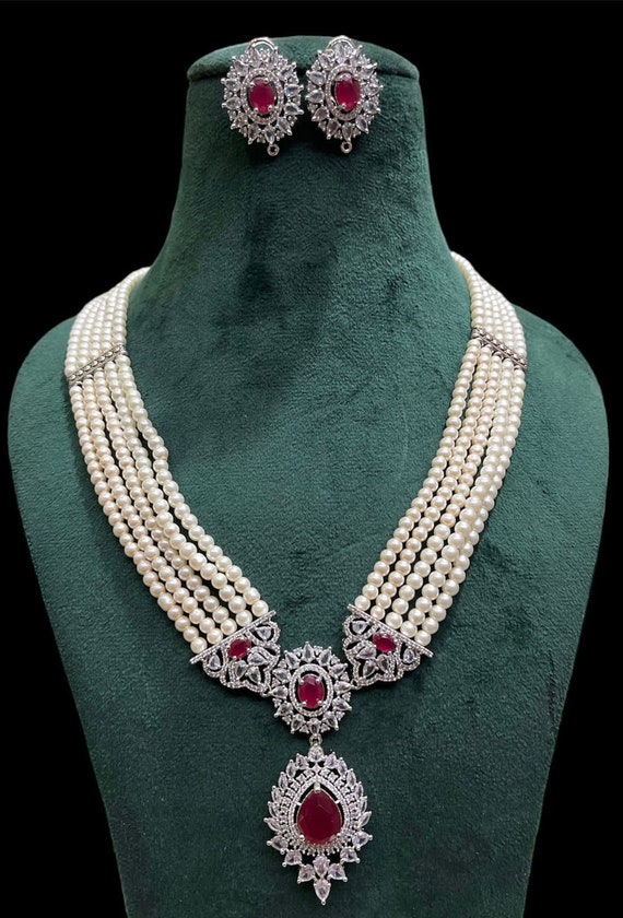 Ruby CZ Necklace White Pearl Jewelry AD Necklace Indian Jewelry Fifth Layered Long Victorian Necklace Wedding Jewelry Bridal Jewelry Etsy