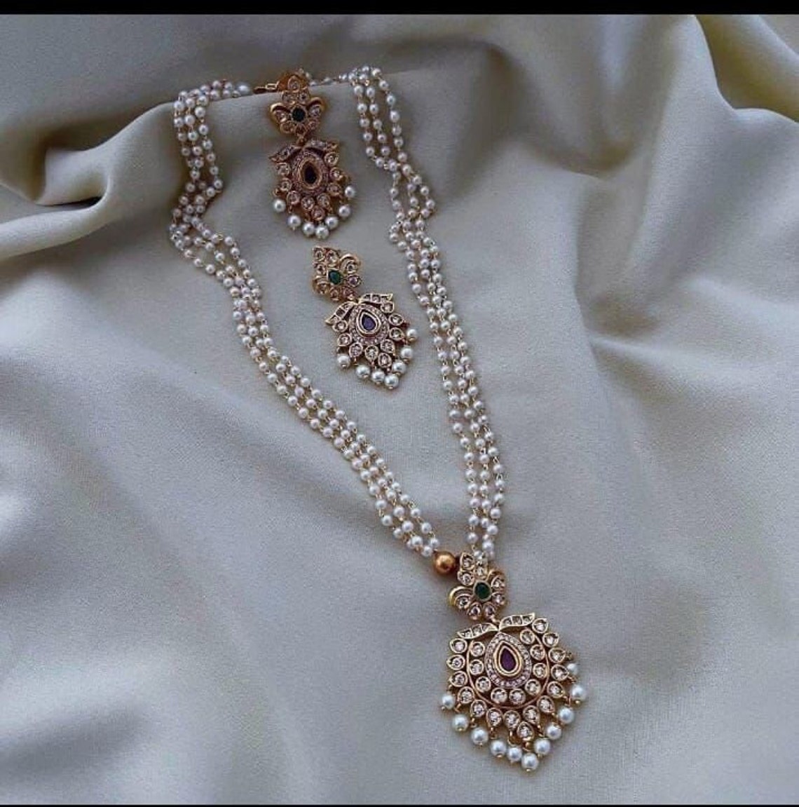 Kundan Necklace CZ Diamond Jewelry Set Gold Plated Jewelry White Pearl ...