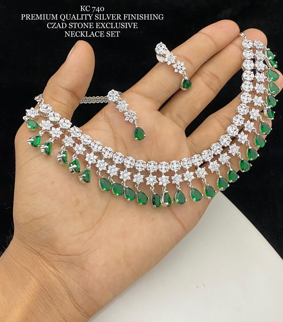 Green Diamond Star Cut Silver Look Necklace AD Stone Jewelry Choker Set ...