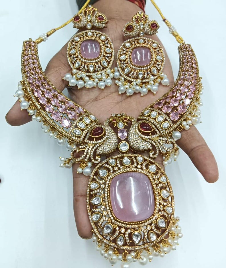 Kundan Diamond Necklace Set: Pearl Silver Foil, Gold Plated Wedding ...