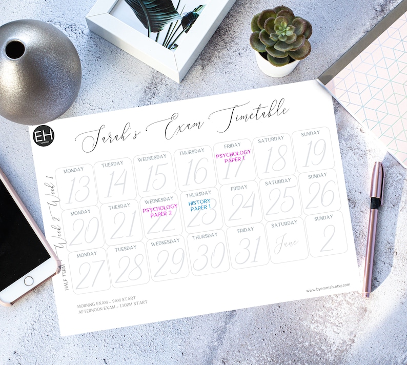 PRINTABLE EXAM TIMETABLE A4 Weekly Exam Timetable Gcse A Level Exam ...