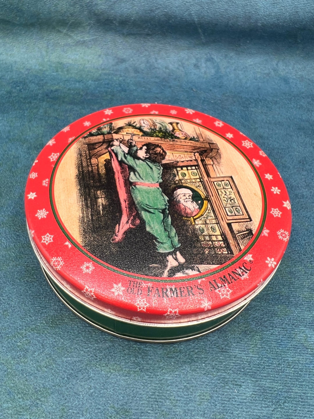 Vintage Tin Farmer's Almanac Christmas Tin. Boy Hanging Stocking Free ...