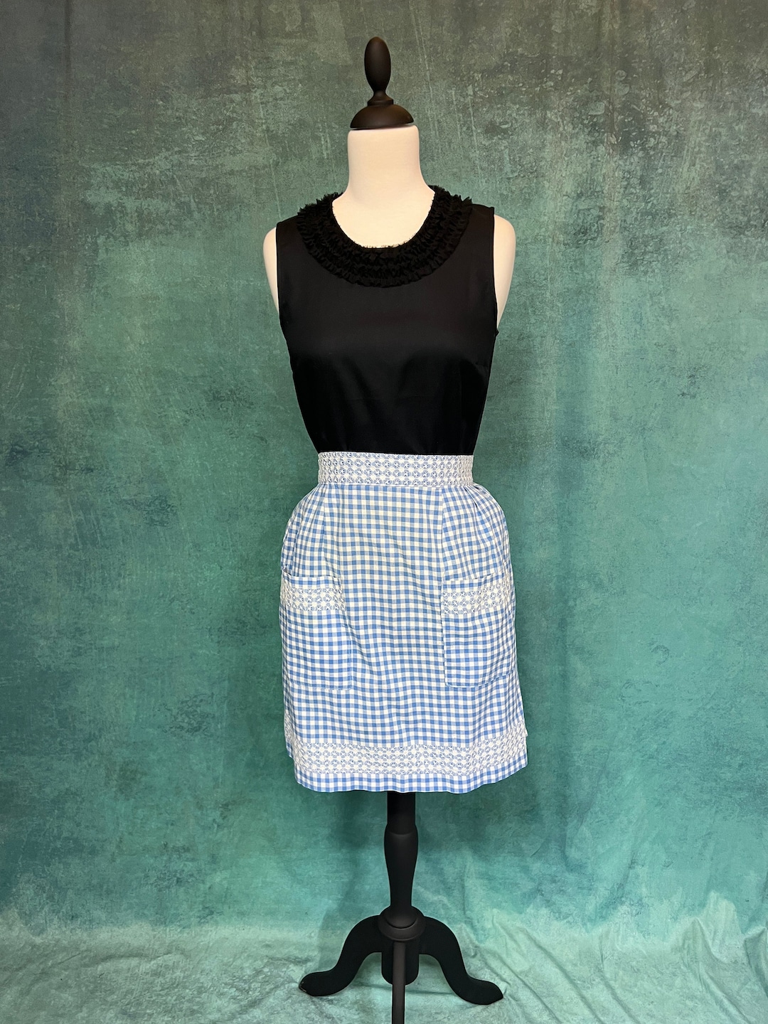 Vintage Hostess Apron Gingham Blue and White With Smocking Retro Look ...