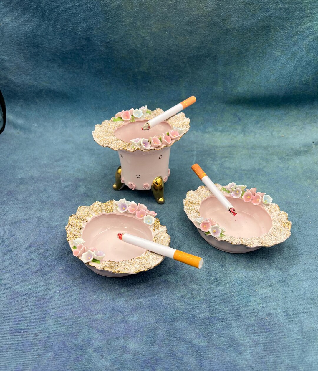 Vintage Ashtray Set Three Pink Norcrest Ashtrays With Floral Design ...