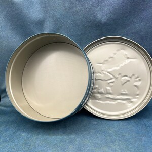Vintage Tin Fruit Cake Tin Shirley Jean Blue Embossed White Horse and ...