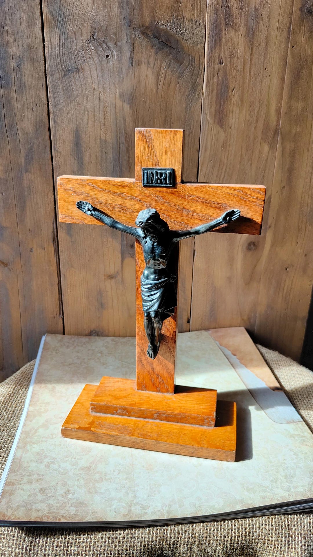 Vintage Oak Standing Cross, Crucifix of Jesus Christ, Copper Colored ...
